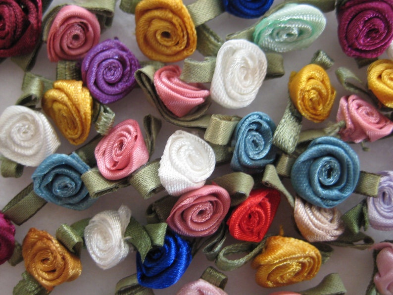 Satin Ribbon Rose Flower with leaves Appliqués Assorted Colors | Etsy