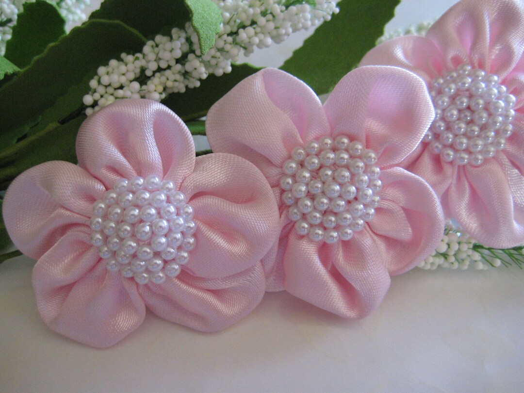 Pink Satin Flowers Pearls Center Appliques, Party Dresses, Wrist Cuff ...