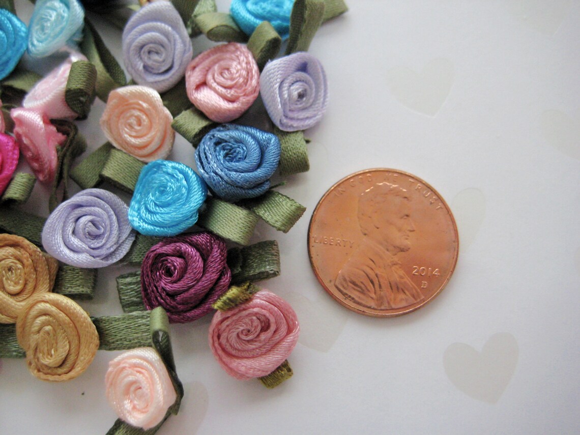 Satin Ribbon Rose Flower With Leaves Appliqués Assorted Colors - Etsy