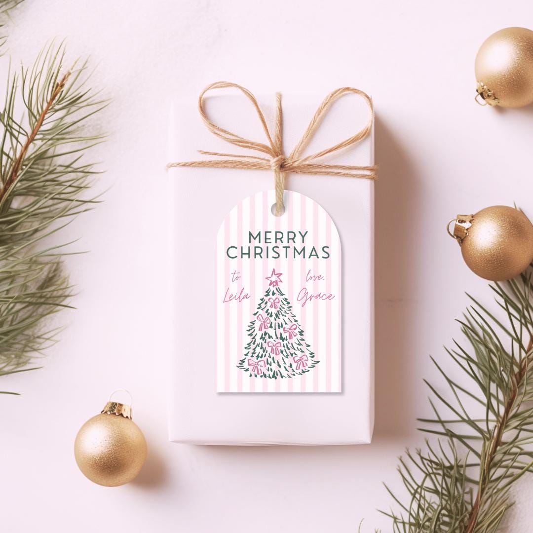 Editable Christmas Gift Tag | Pink Girly Bow Tree | Printable Present ...