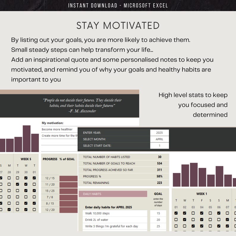 Habit Tracker Excel Template | 30 Habits Monthly Planner | Automated ...