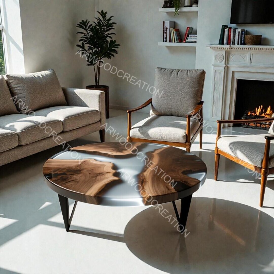 Handmade Walnut River Coffee Table, Live Edge Resin Inlay, Mid-century ...