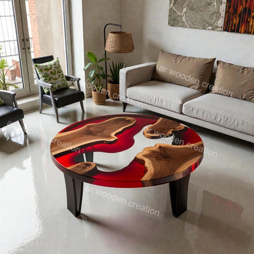 Round Live Edge Epoxy Coffee Table Walnut Side Table Mid Century Modern ...