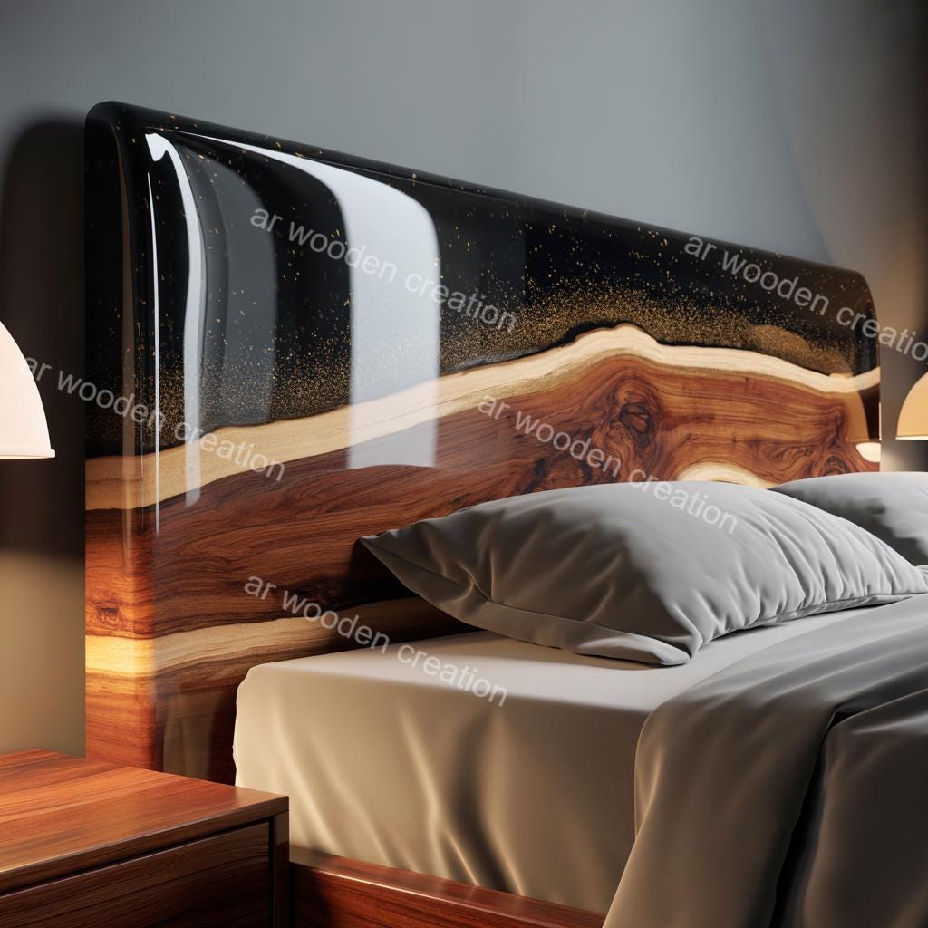 Luxury Epoxy Resin Headboard, Black Galaxy Resin Wood Bed Back Panel ...