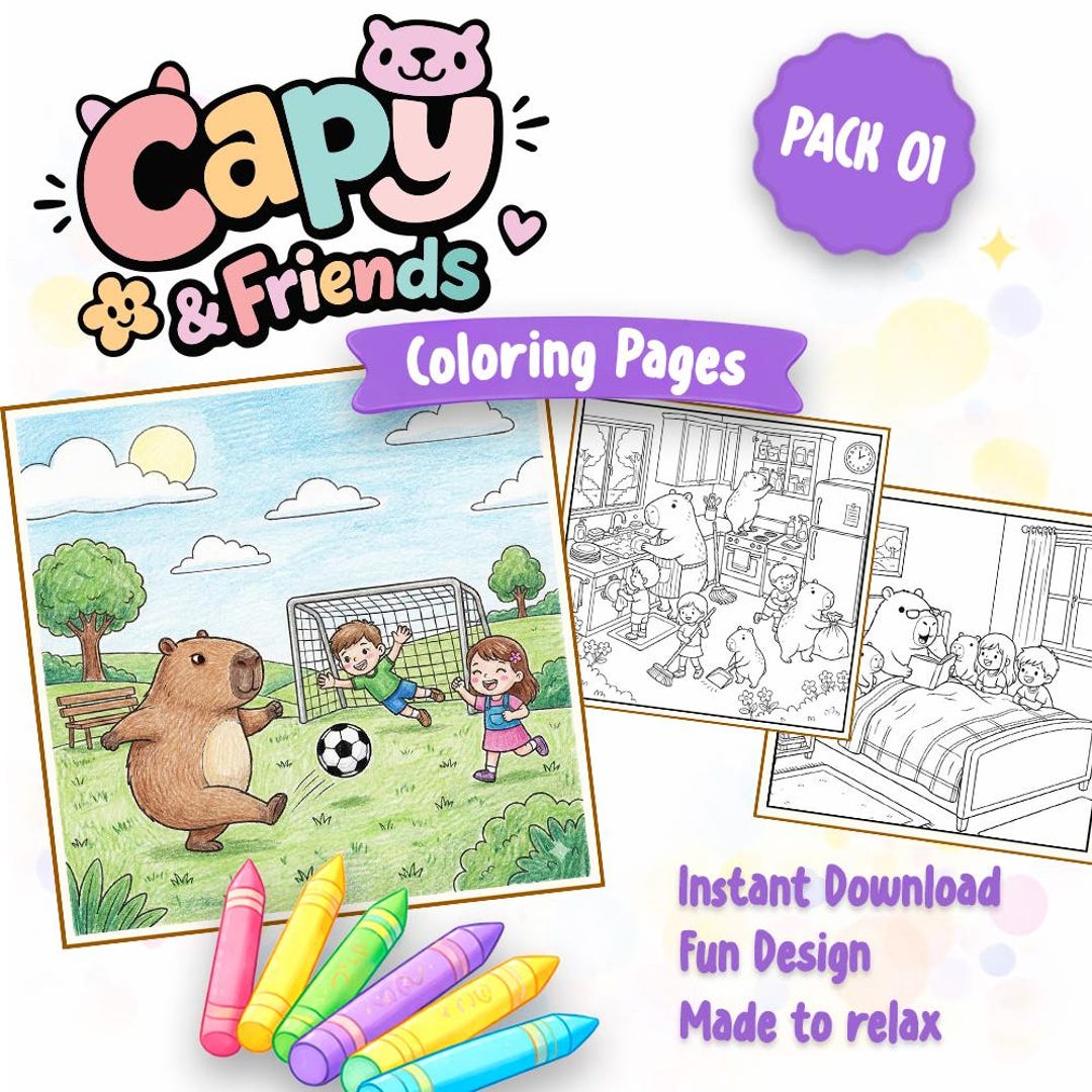 6 Coloring Pages, Coloring Book, Super Cute Capybara, Capy and Friends ...