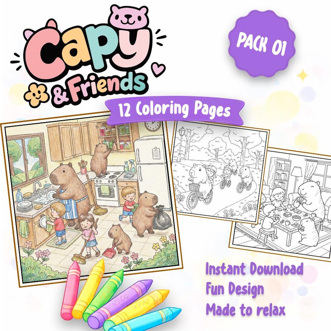 12 Coloring Pages, Coloring Book, Super Cute Capybara, Capy and Friends ...