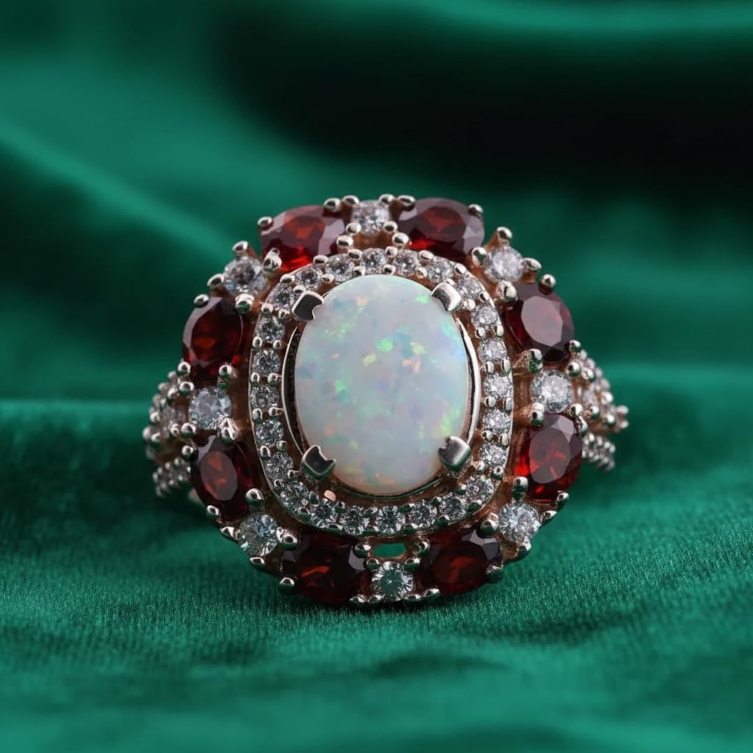 Handmade Fire Opal & Red Garnet Floral Ring, 14k White Gold Plated - Etsy