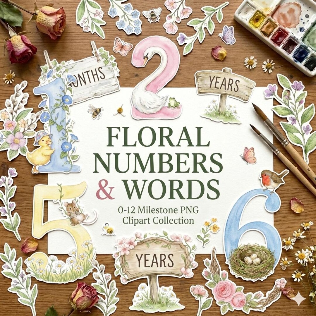 Watercolor Floral Numbers Clipart Bundle Monthly Milestone Cards ...