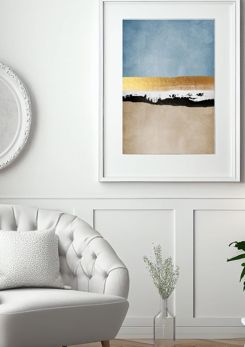 Blue Gold Abstract Large Wall Art, Abstract Coastal Stripes Matte ...