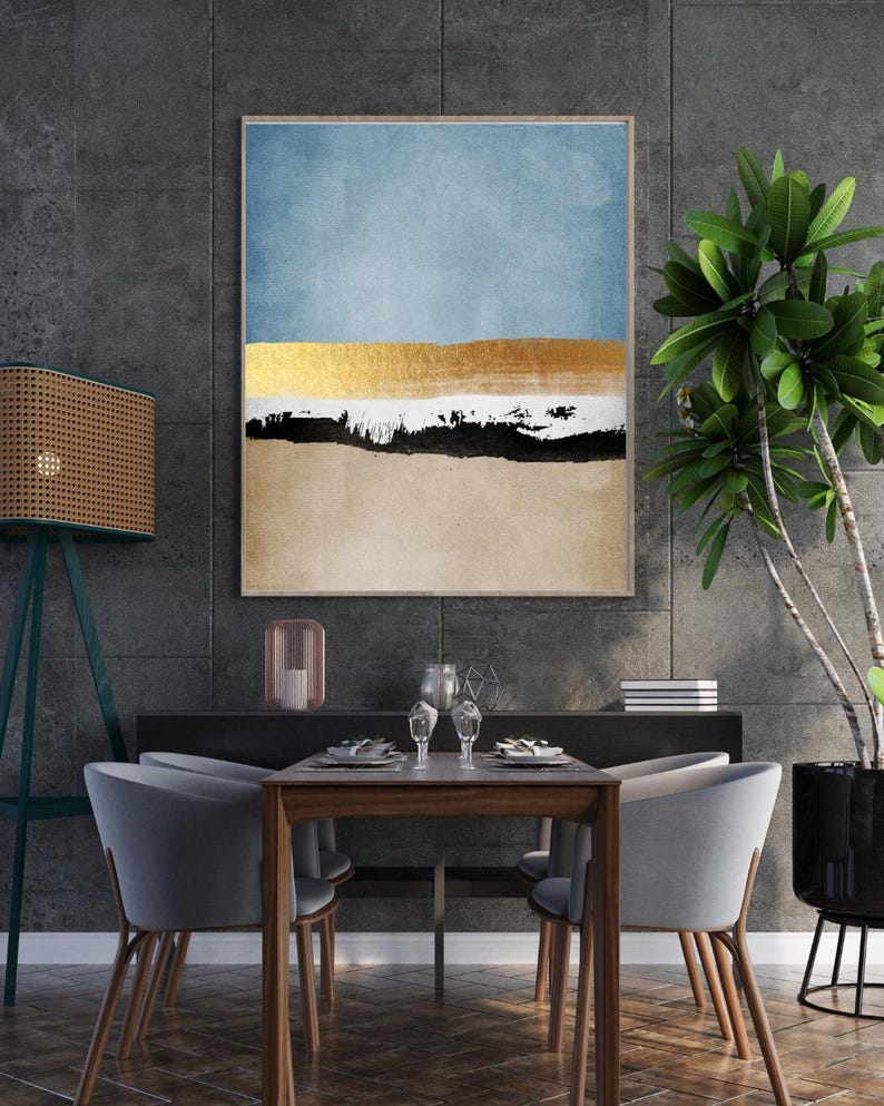 Blue Gold Abstract Large Wall Art, Abstract Coastal Stripes Matte ...