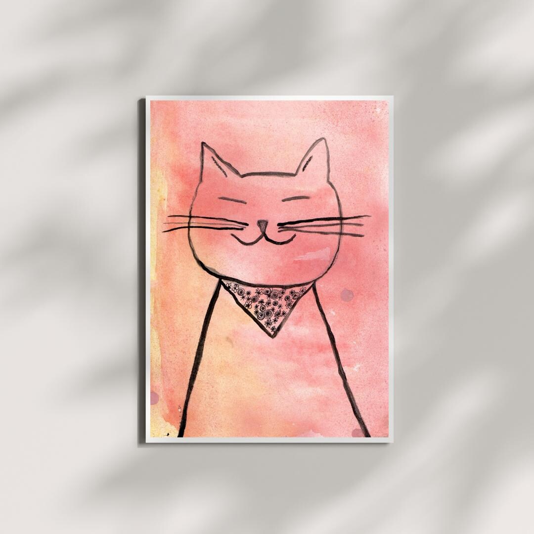 Watercolor Cat Print, Whimsical Handmade Feline Art, Nursery Decor (A4 ...