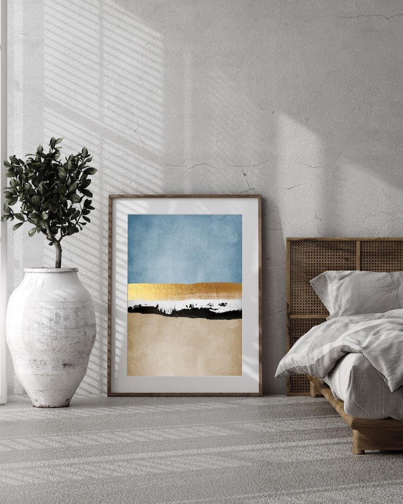 Blue Gold Abstract Large Wall Art, Abstract Coastal Stripes Matte ...