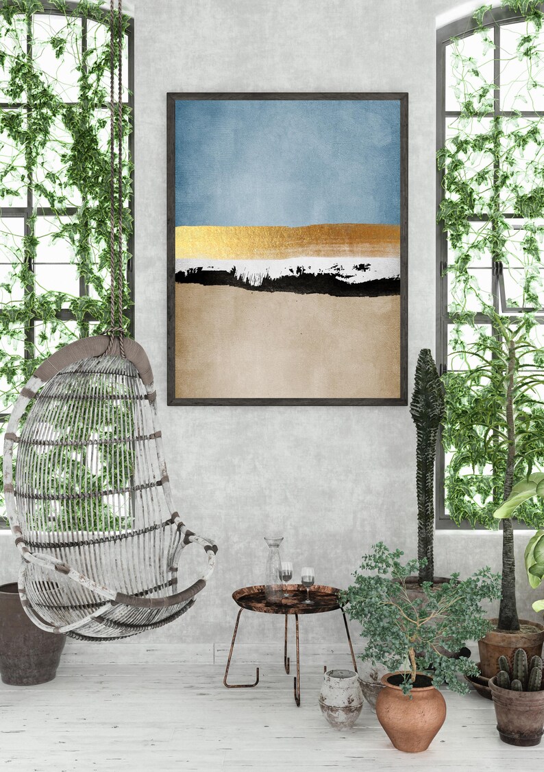Blue Gold Abstract Large Wall Art, Abstract Coastal Stripes Matte ...