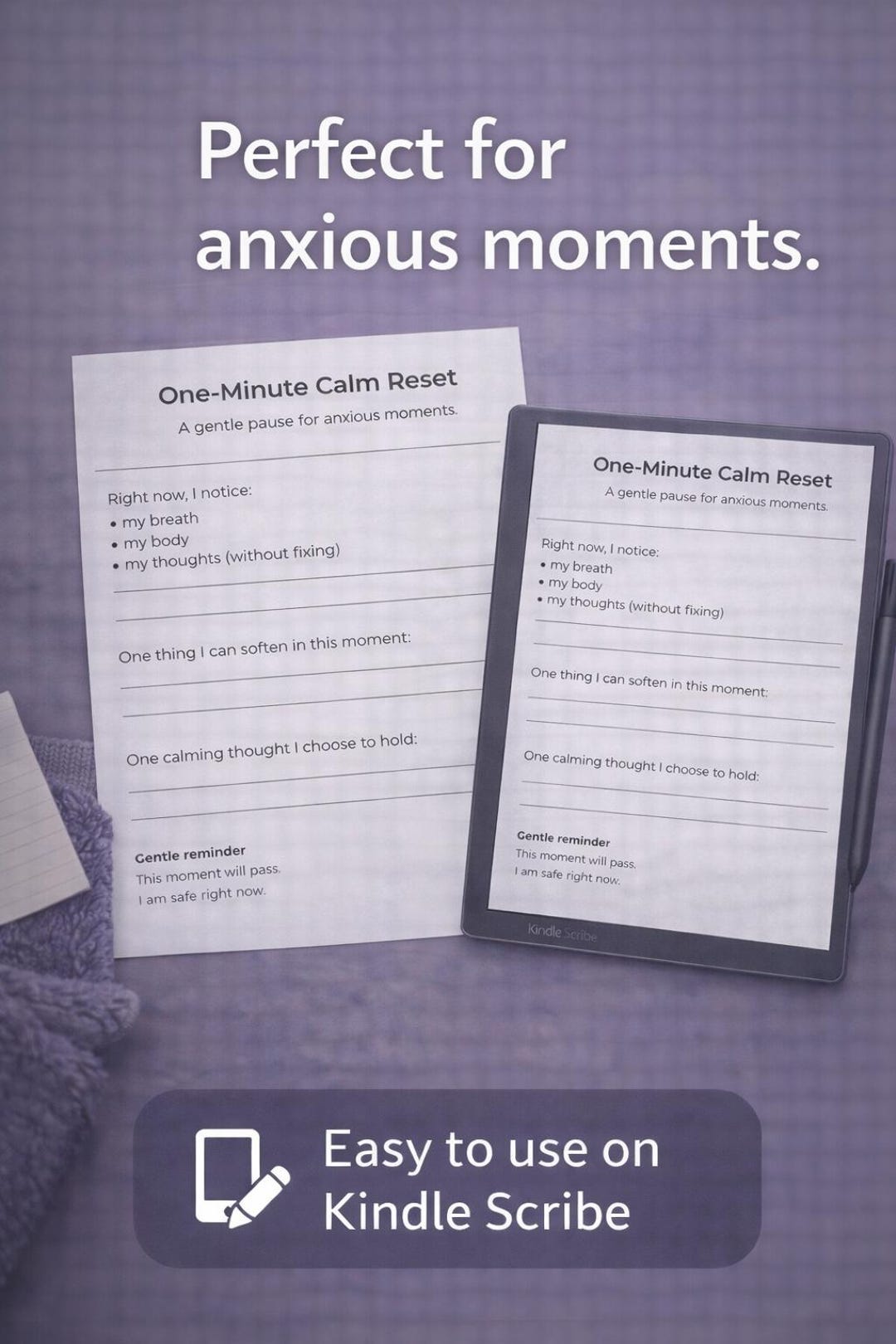 One Minute Calm Reset | Anxiety Relief Worksheet | Overthinking Help ...