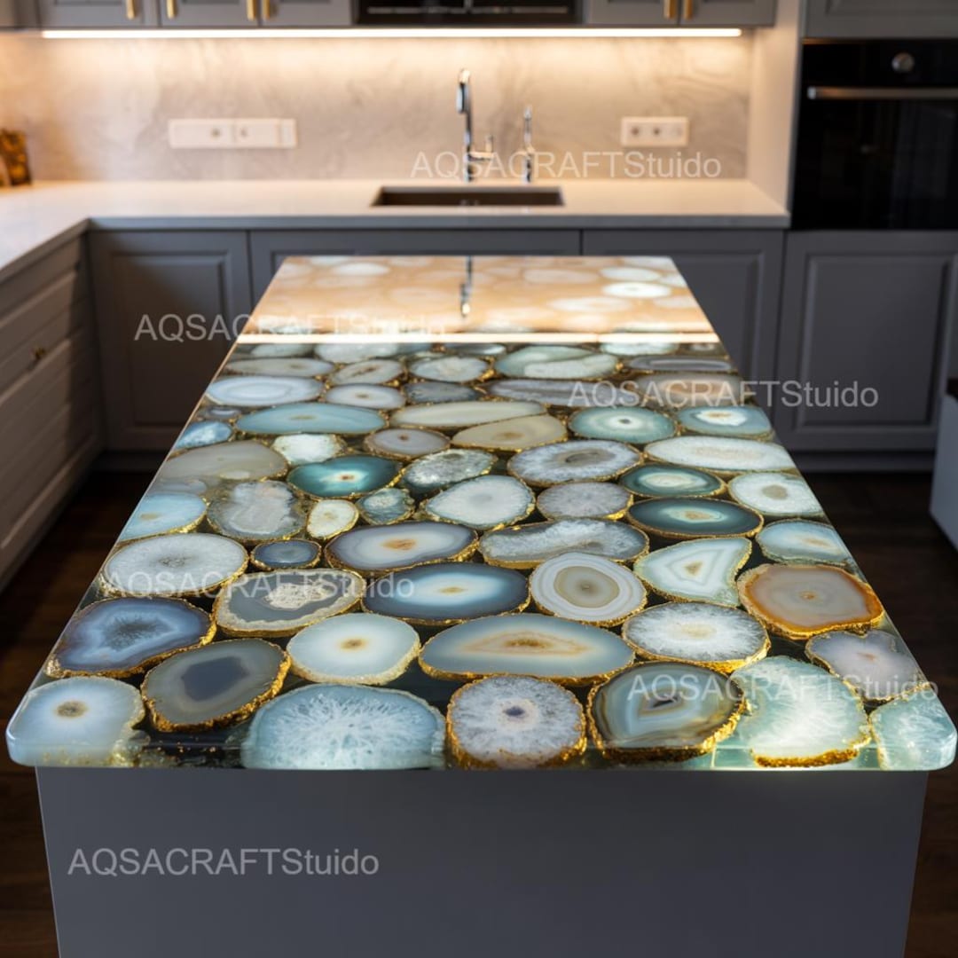 Luxury Aqua Mist Agate Kitchen Countertop, Custom Teal Gemstone Island ...