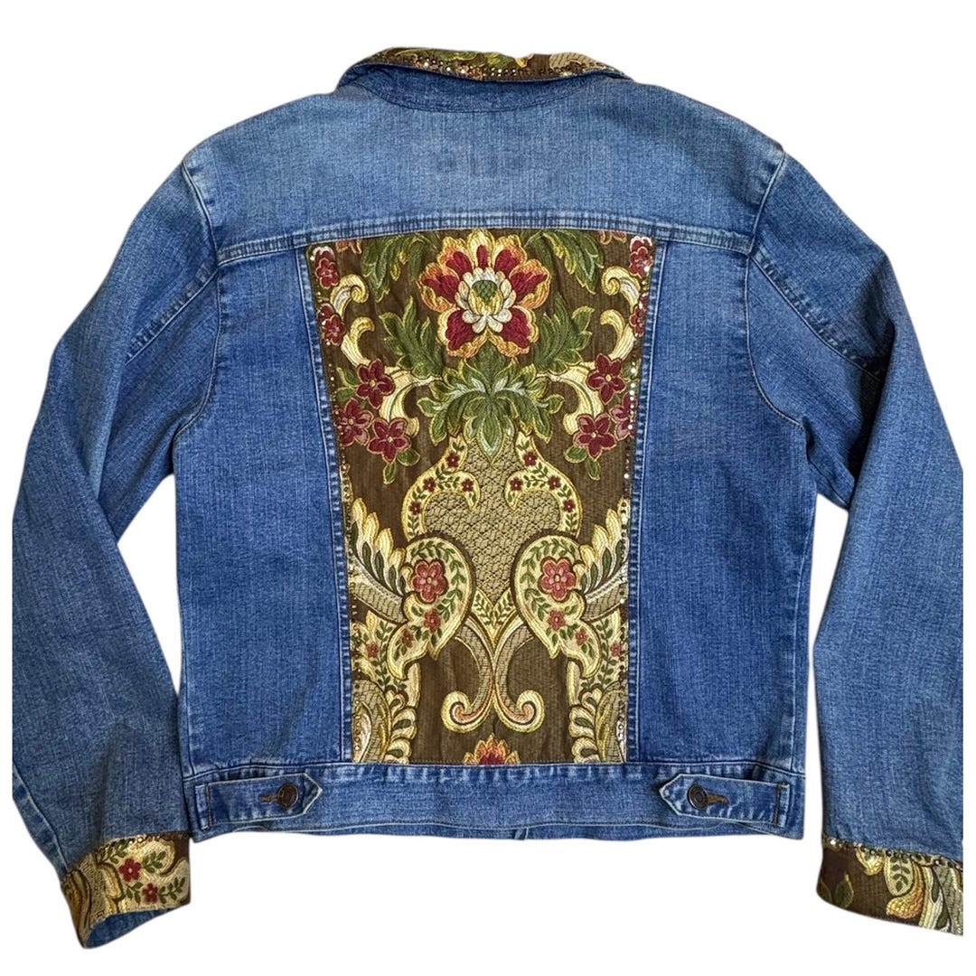 Embellished Tapestry Denim Jacket Size Medium Embroidered Rhinestone ...