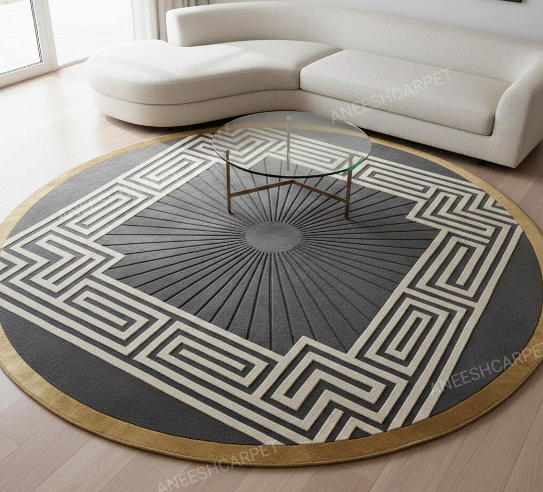 Hand-tufted Wool Round Rug – Art Deco Greek Key Design - Etsy