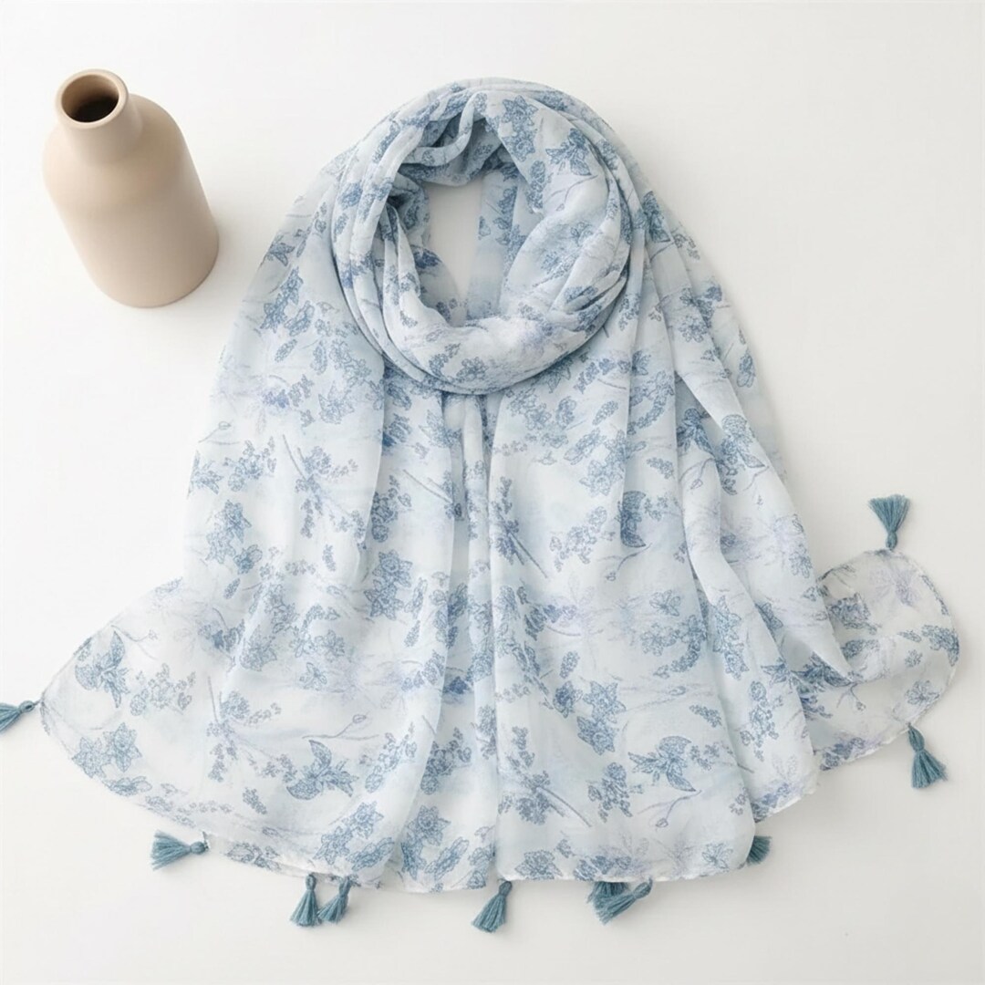 Blue Spring Scarf, Woman Shawls Lightweight, Boho Flower Botanical ...