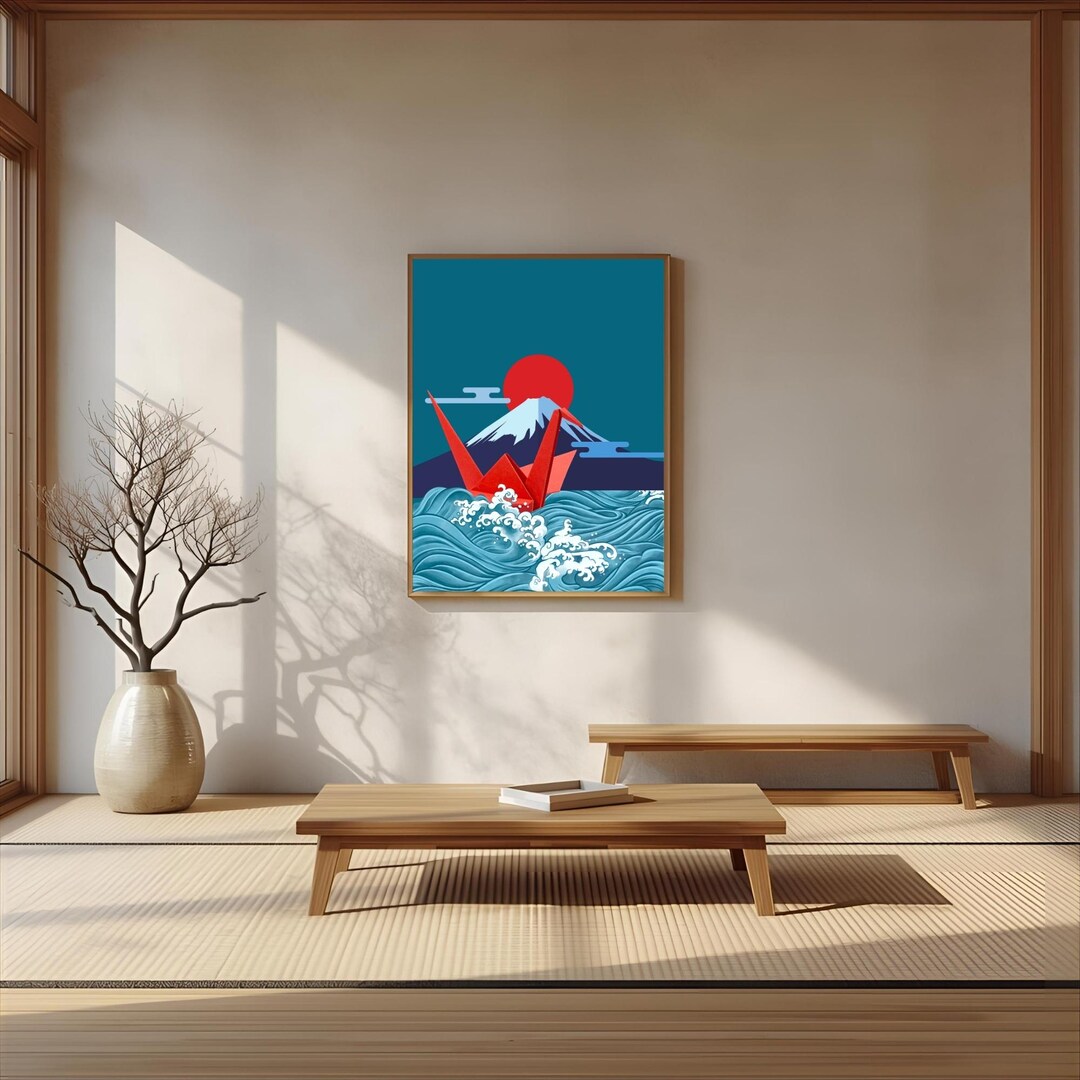 Japanese Origami Crane Wall Art Mount Fuji Print Asian Minimalist Decor ...