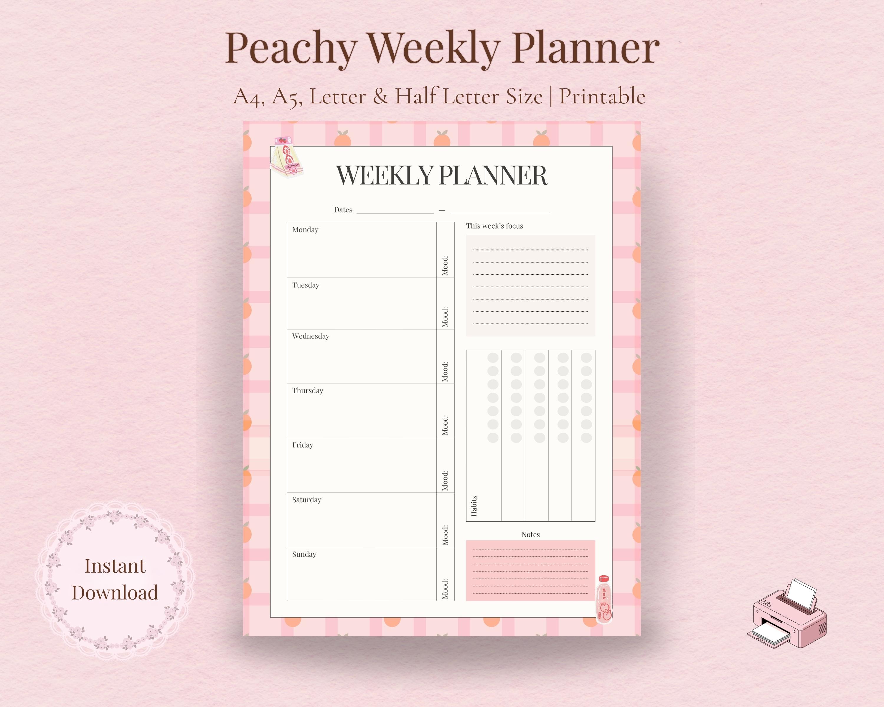 Peachy Weekly Planner – Undated Printable PDF, 4 Sizes (A4 A5 Letter ...