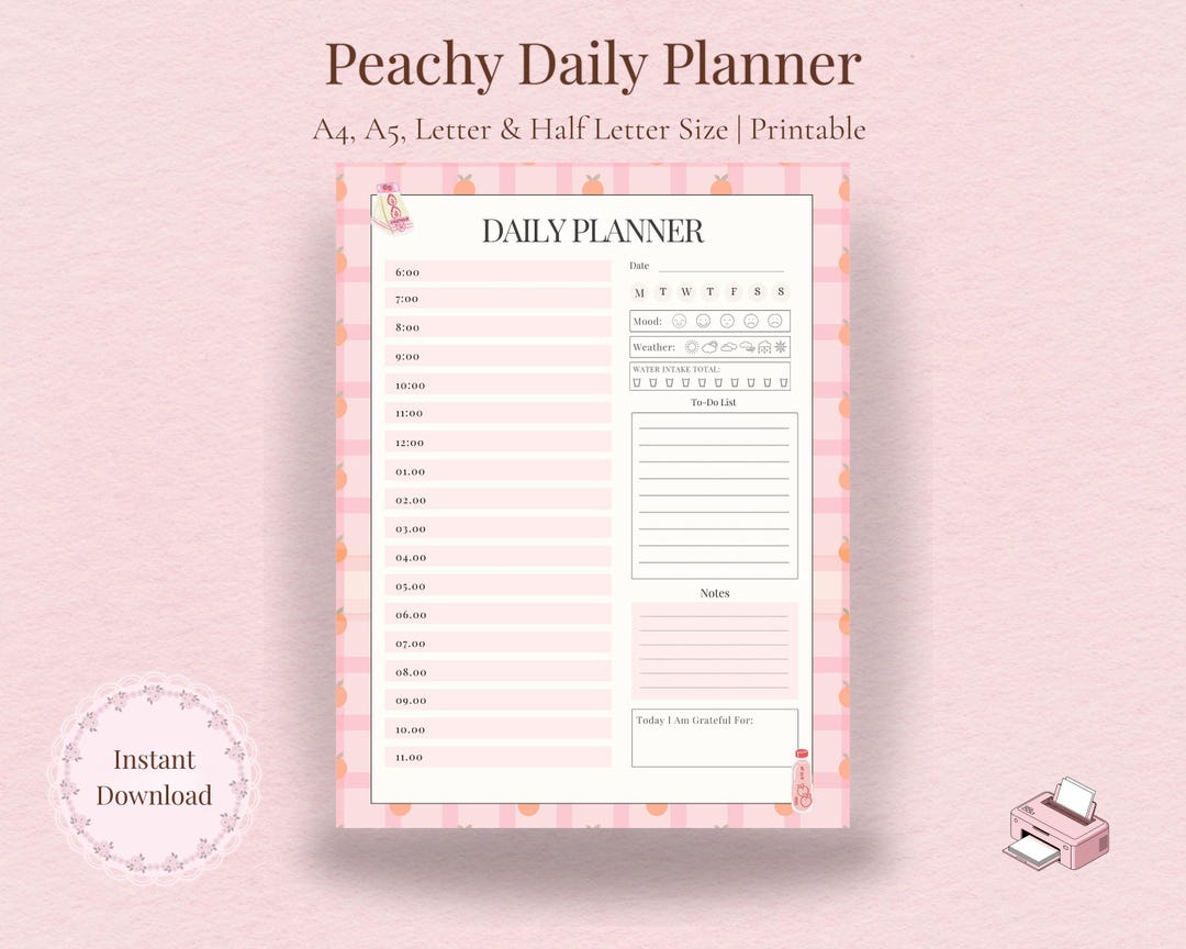 Peachy Daily Planner Printable | Pink Digital Daily Planner | Minimal ...