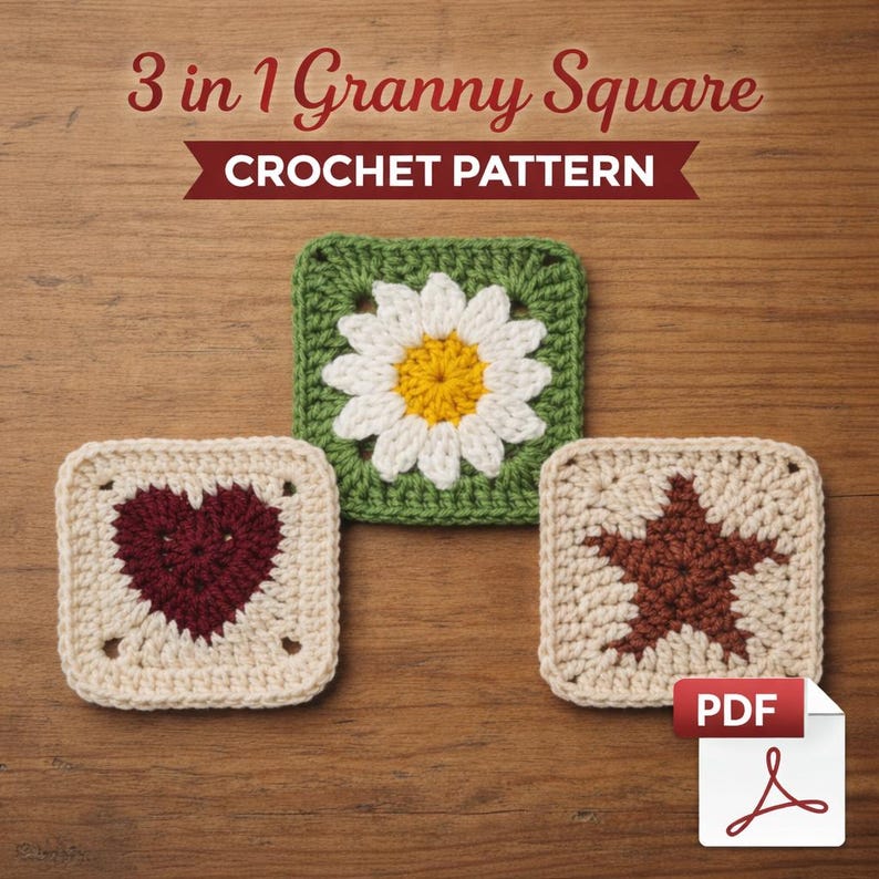 3 in 1 Granny Square Crochet Pattern Bundle | Heart, Star & Daisy ...