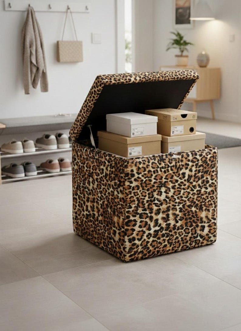 Modern Luxury Leopard Storage Pouf: Mid Century Leather Ottoman ...