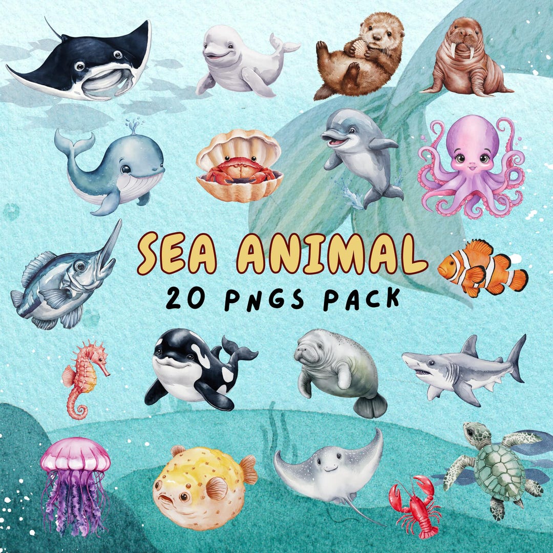Coastal Nursery Wall Art PNG, Baby Sea Animals Watercolor, Marine Life ...