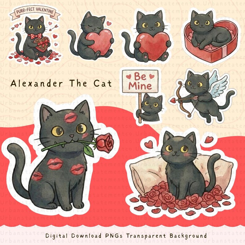 Valentine Cat Clipart Bundle PNG | Cute Black Cat Valentines Day ...