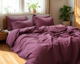 Dark Plum Linen Duvet Cover Set With Romantic Ruffles, Comforter Cover ...