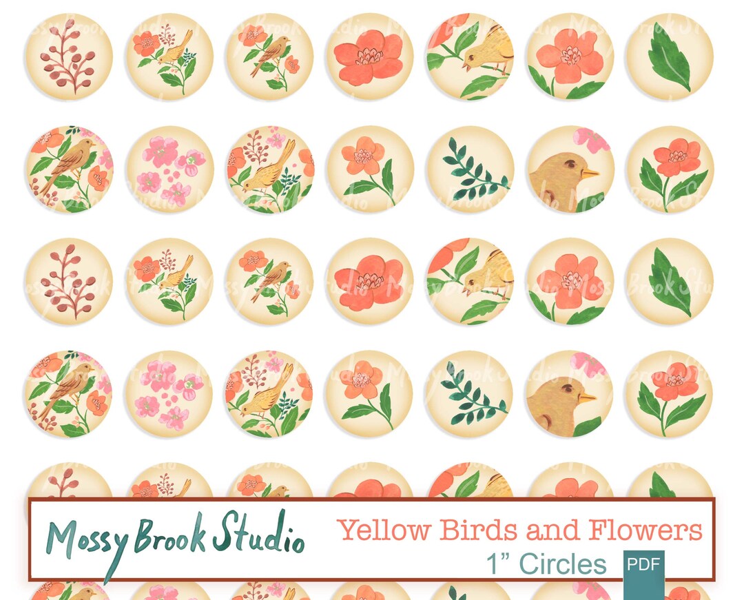 One Inch Circle Yellow Bird and Flowers/ Jewelry Clipart/ Birds for ...