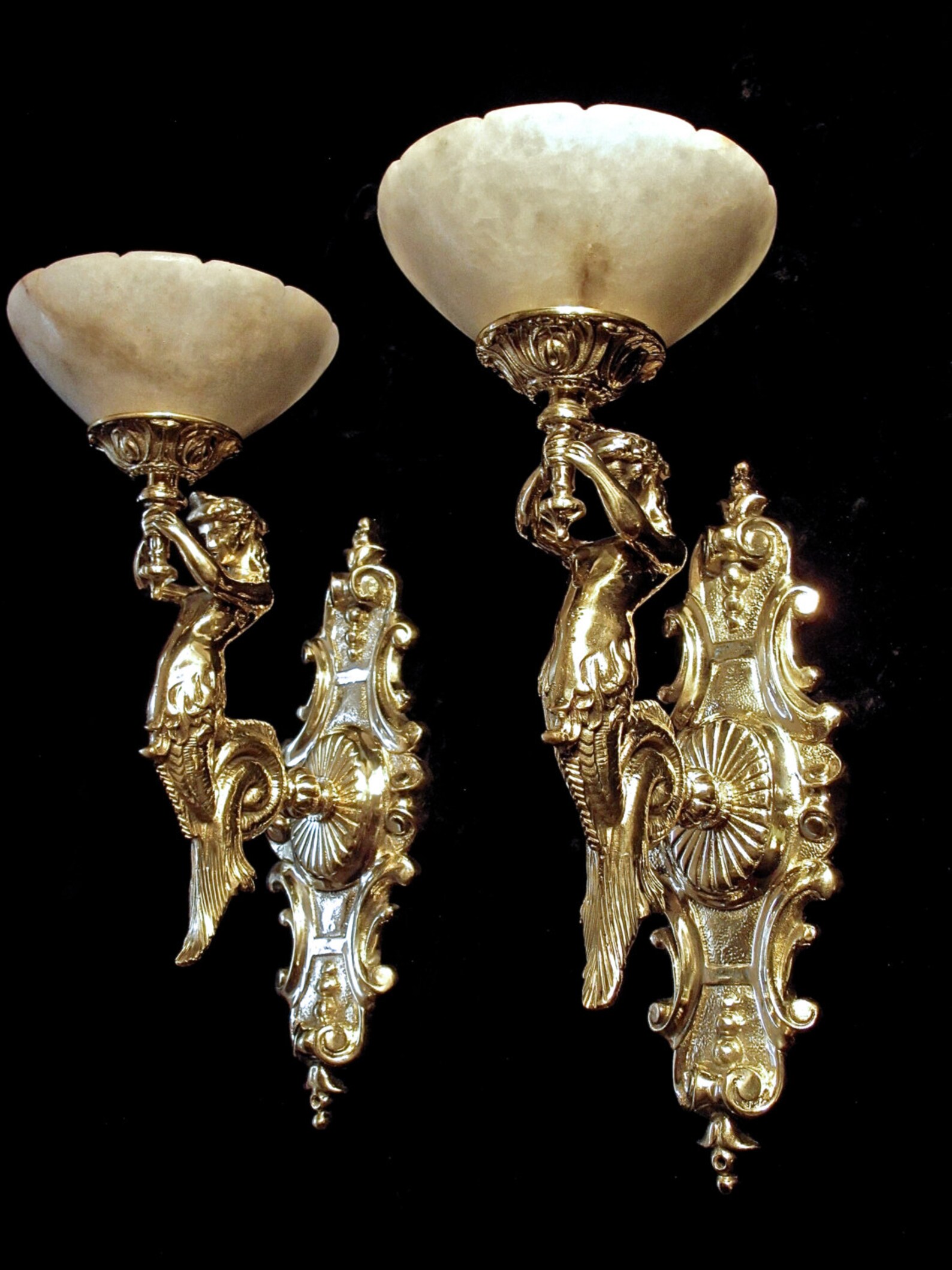 Bronze Mermaid Wall Sconces With Alabaster Shades, Sergio Merlin Pair ...