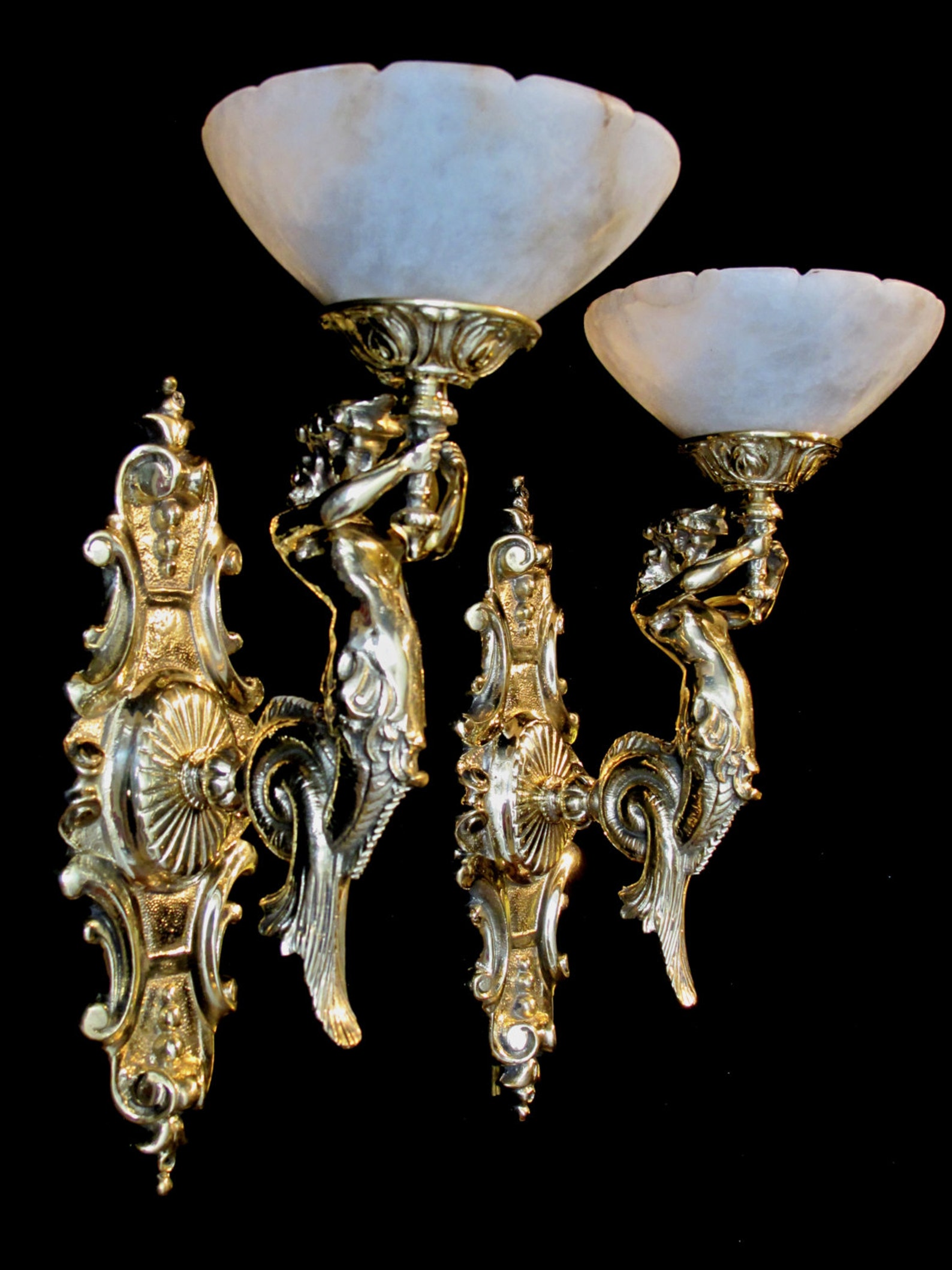 Bronze Mermaid Wall Sconces With Alabaster Shades, Sergio Merlin Pair ...