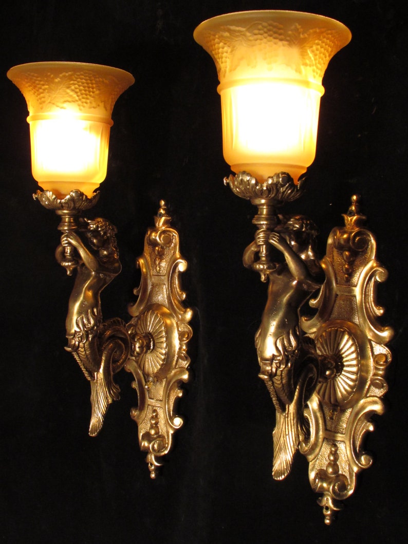 French Style Bronze Wall Sconces With Mermaid Sculptures, Pair - Etsy
