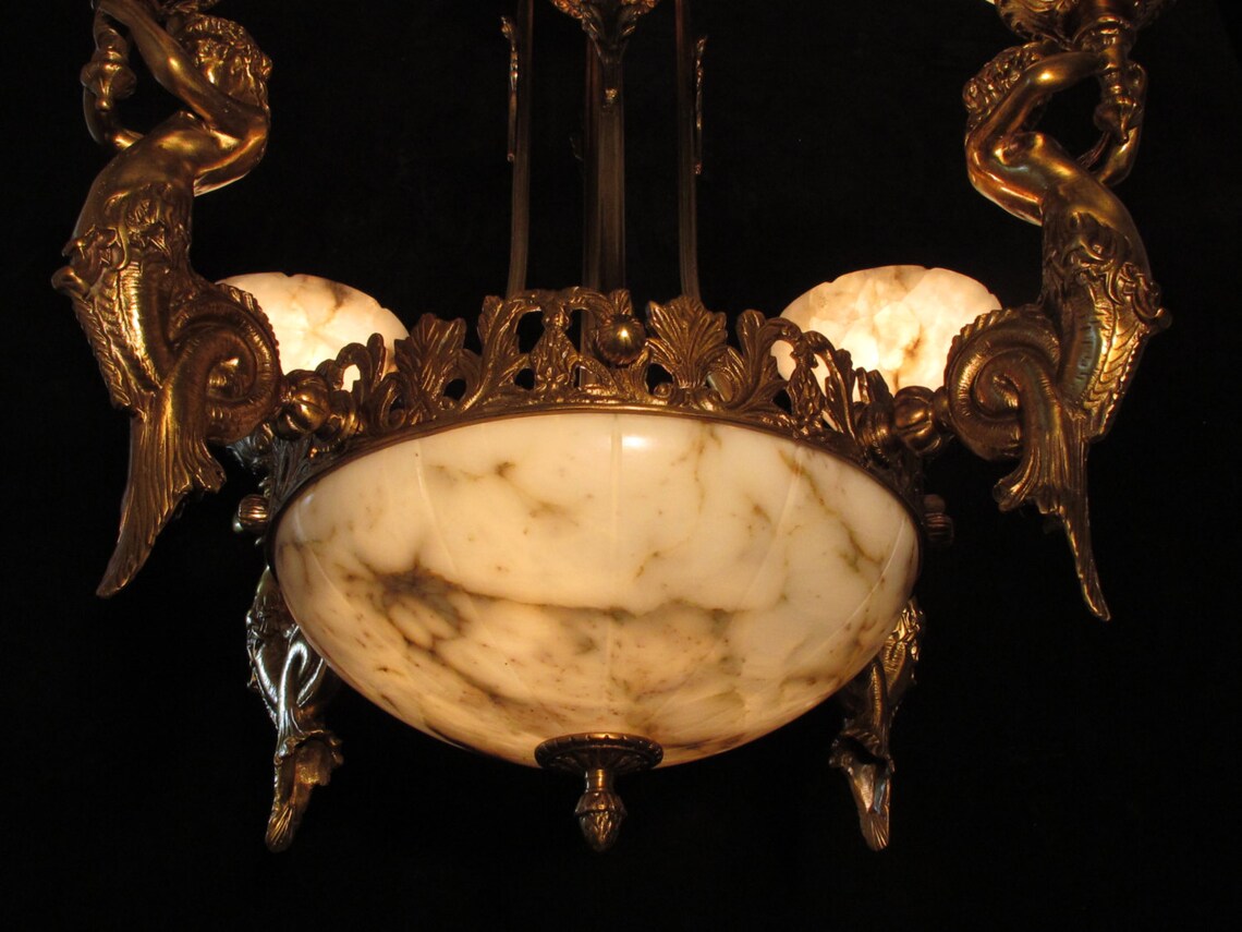 Large Art Deco Bronze & Alabaster Chandelier With Mermaid Sculptures by ...