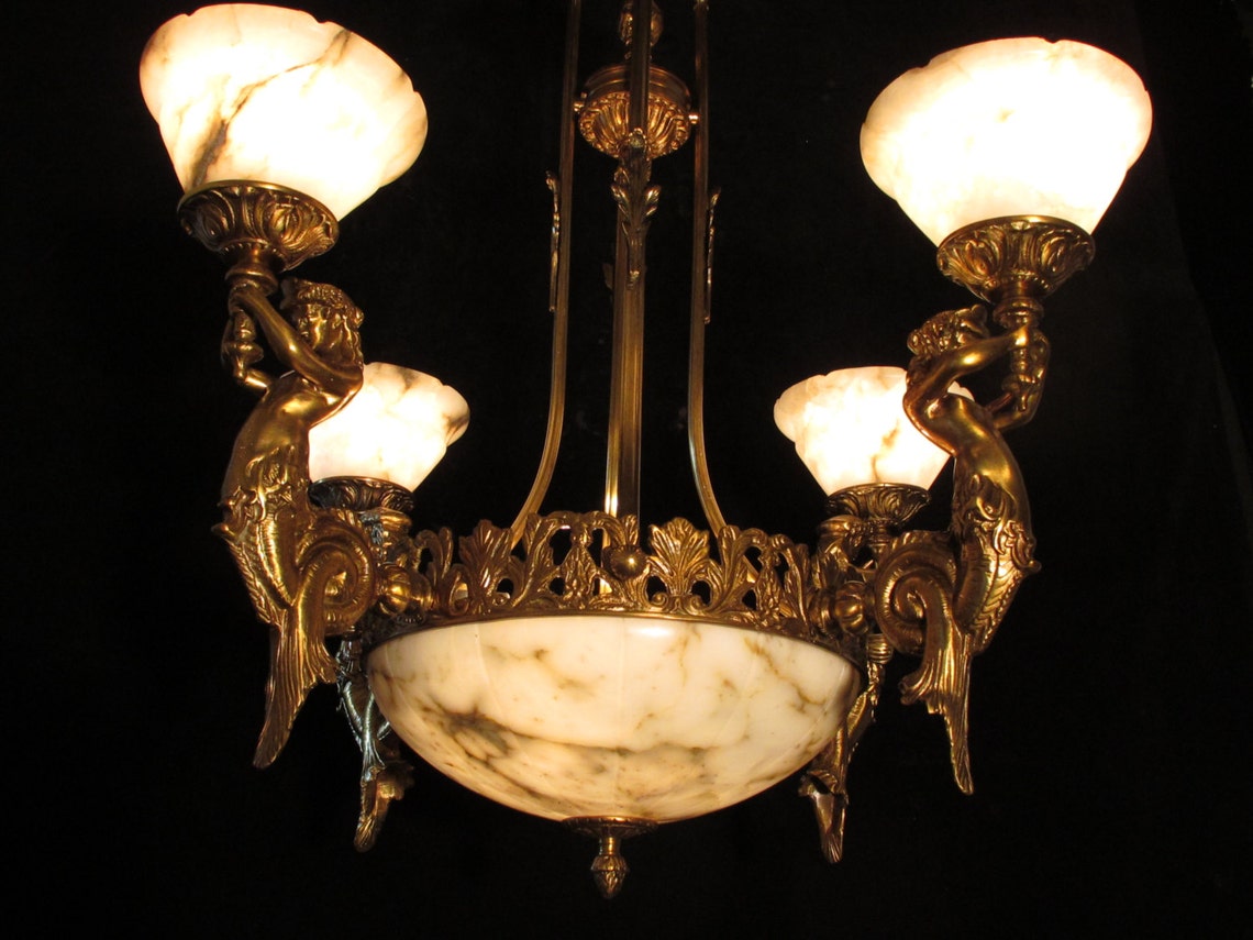Large Art Deco Bronze & Alabaster Chandelier With Mermaid Sculptures by ...
