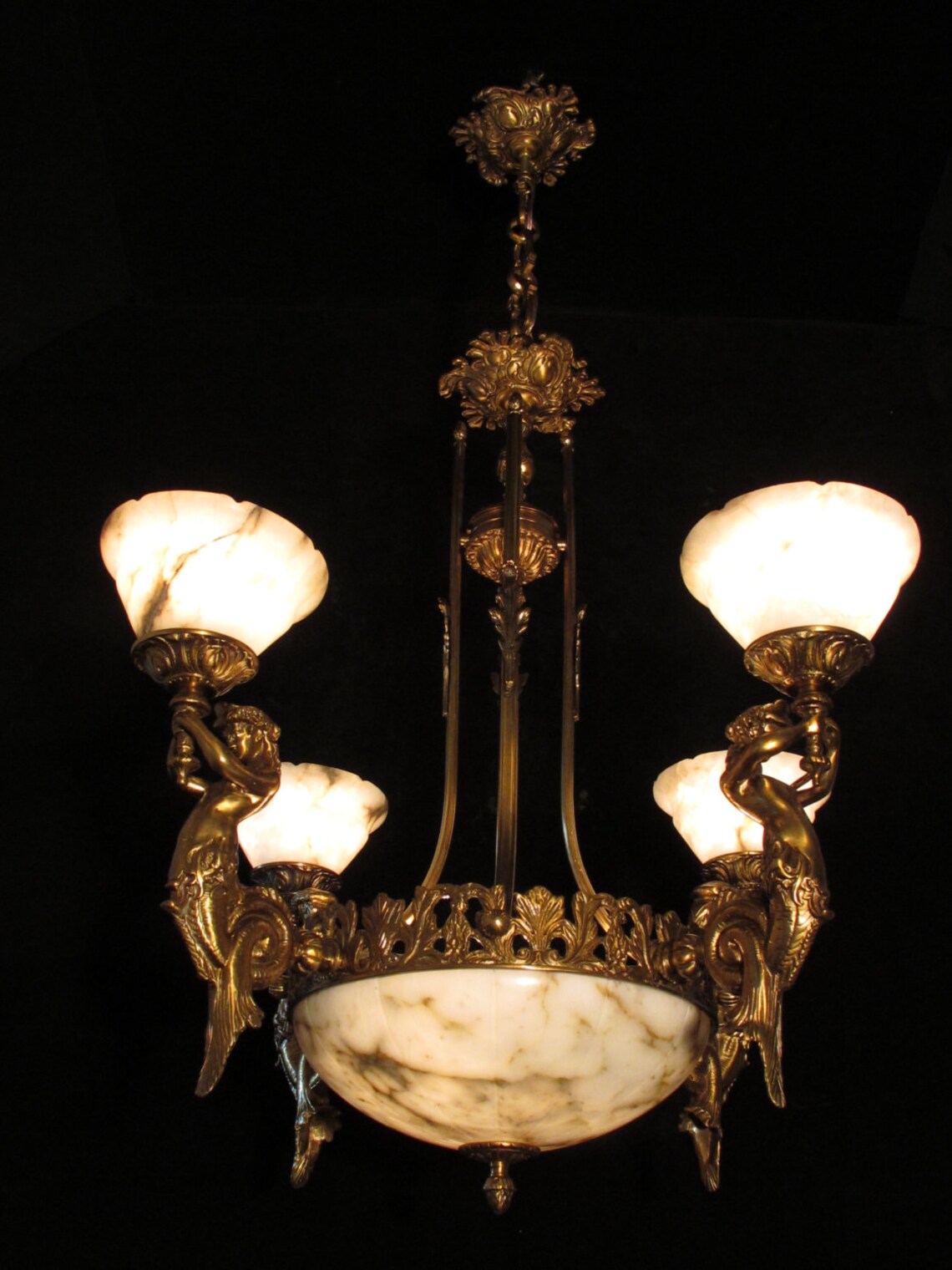 Large Art Deco Bronze & Alabaster Chandelier With Mermaid Sculptures by ...