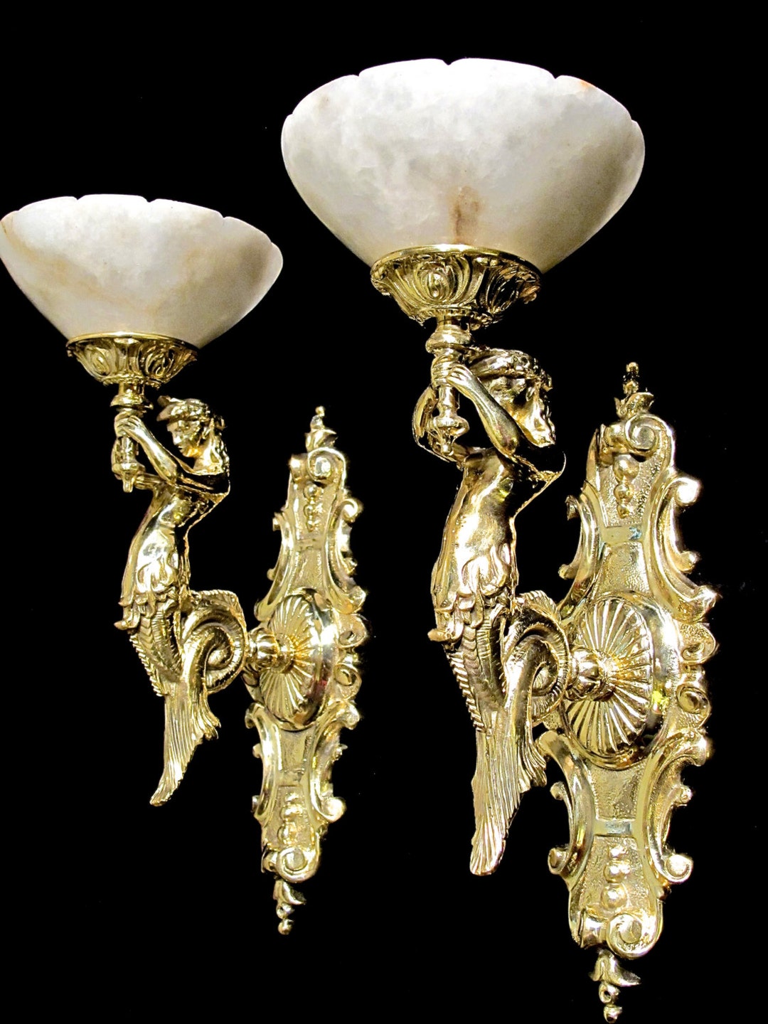 Bronze Mermaid Wall Sconces With Alabaster Shades, Sergio Merlin Pair ...