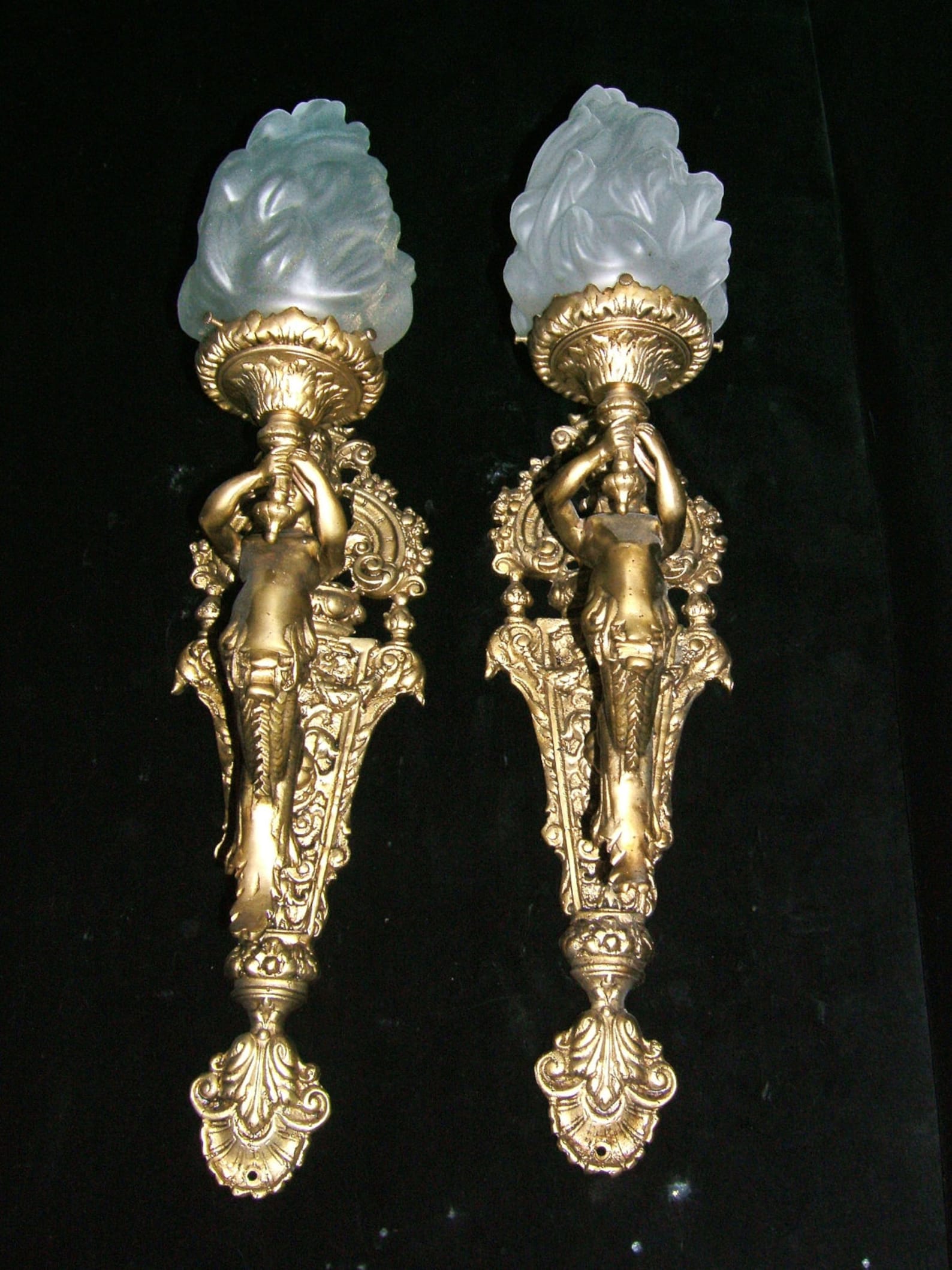 Pair of Large Bronze Wall Lights Sconces With Mermaid Sculptures by ...