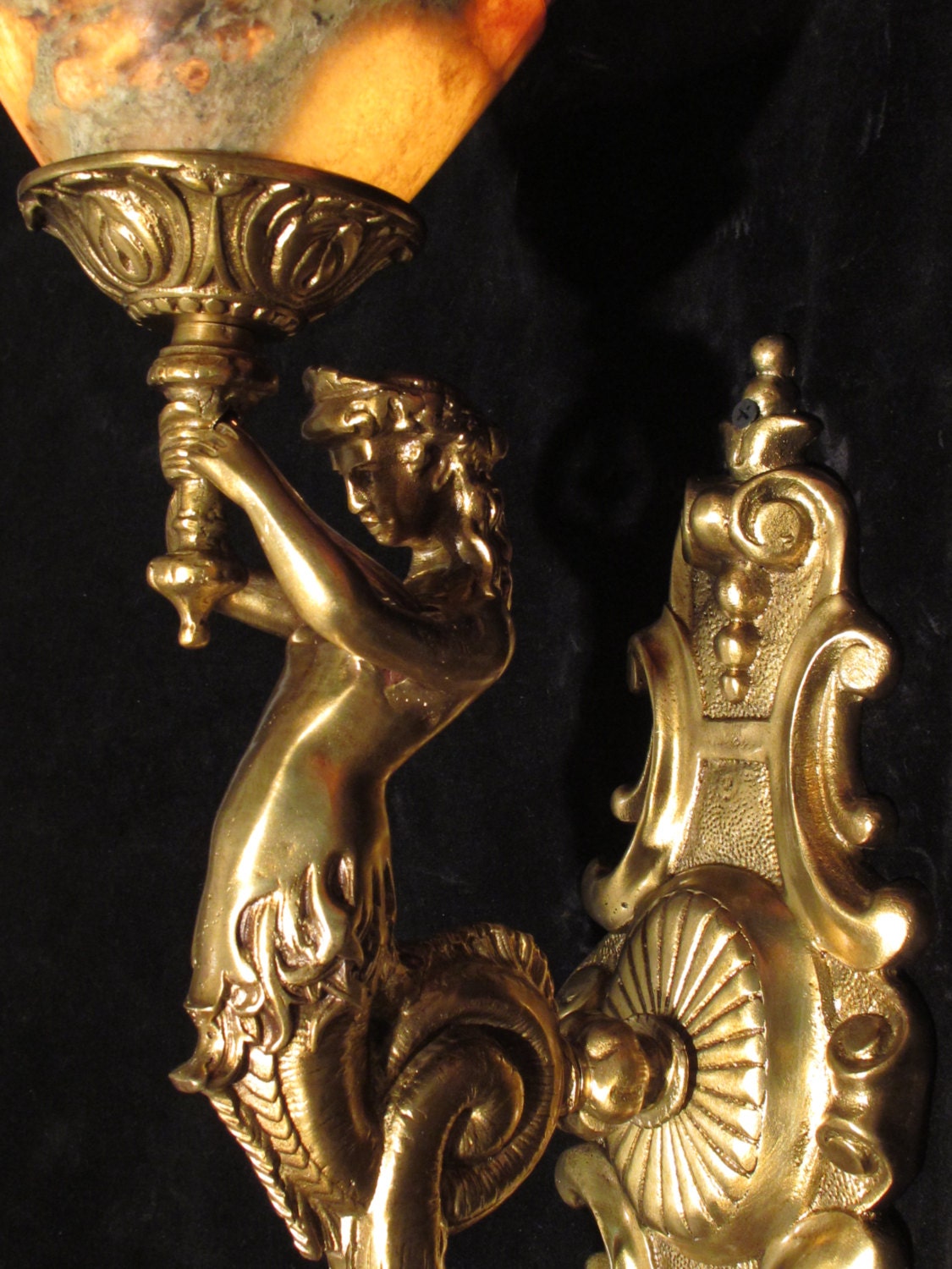 Pair of Art Deco bronze & alabaster wall light sconces with mermaid ...