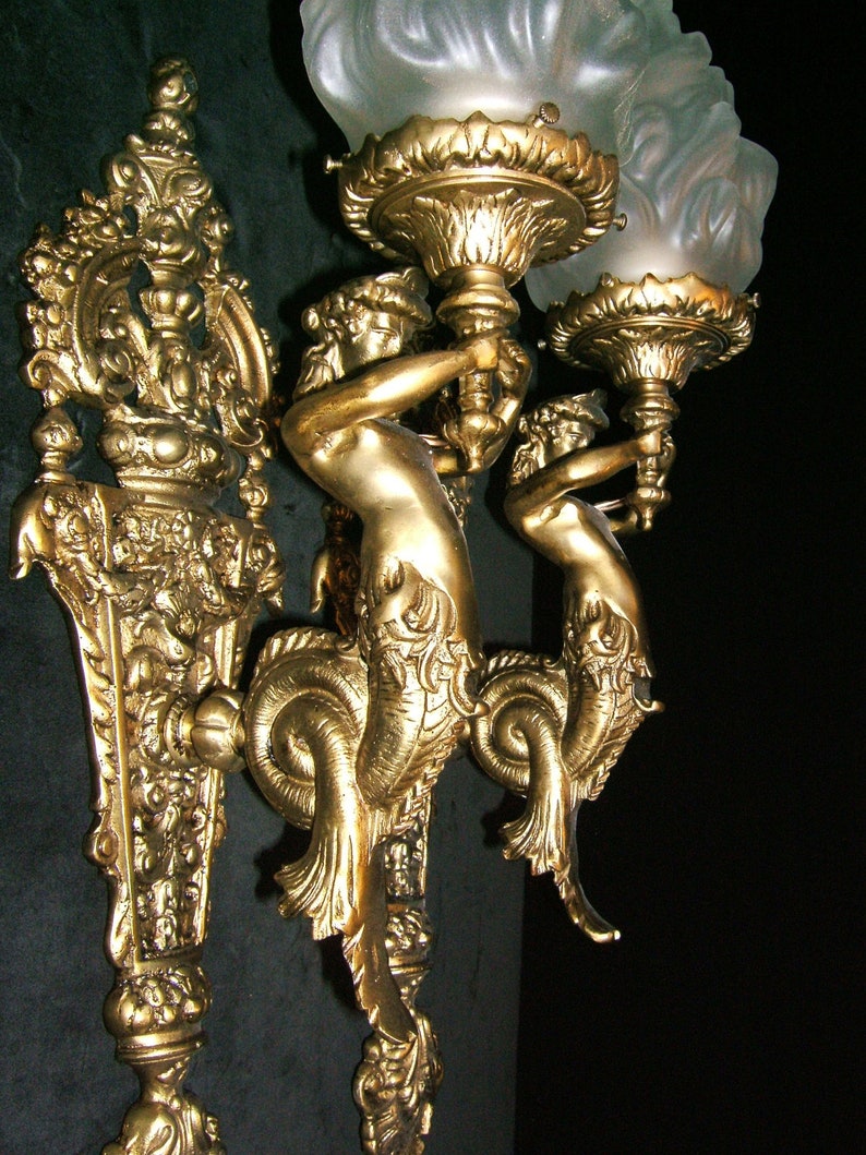 Pair of Large Bronze Wall Lights Sconces With Mermaid Sculptures by ...