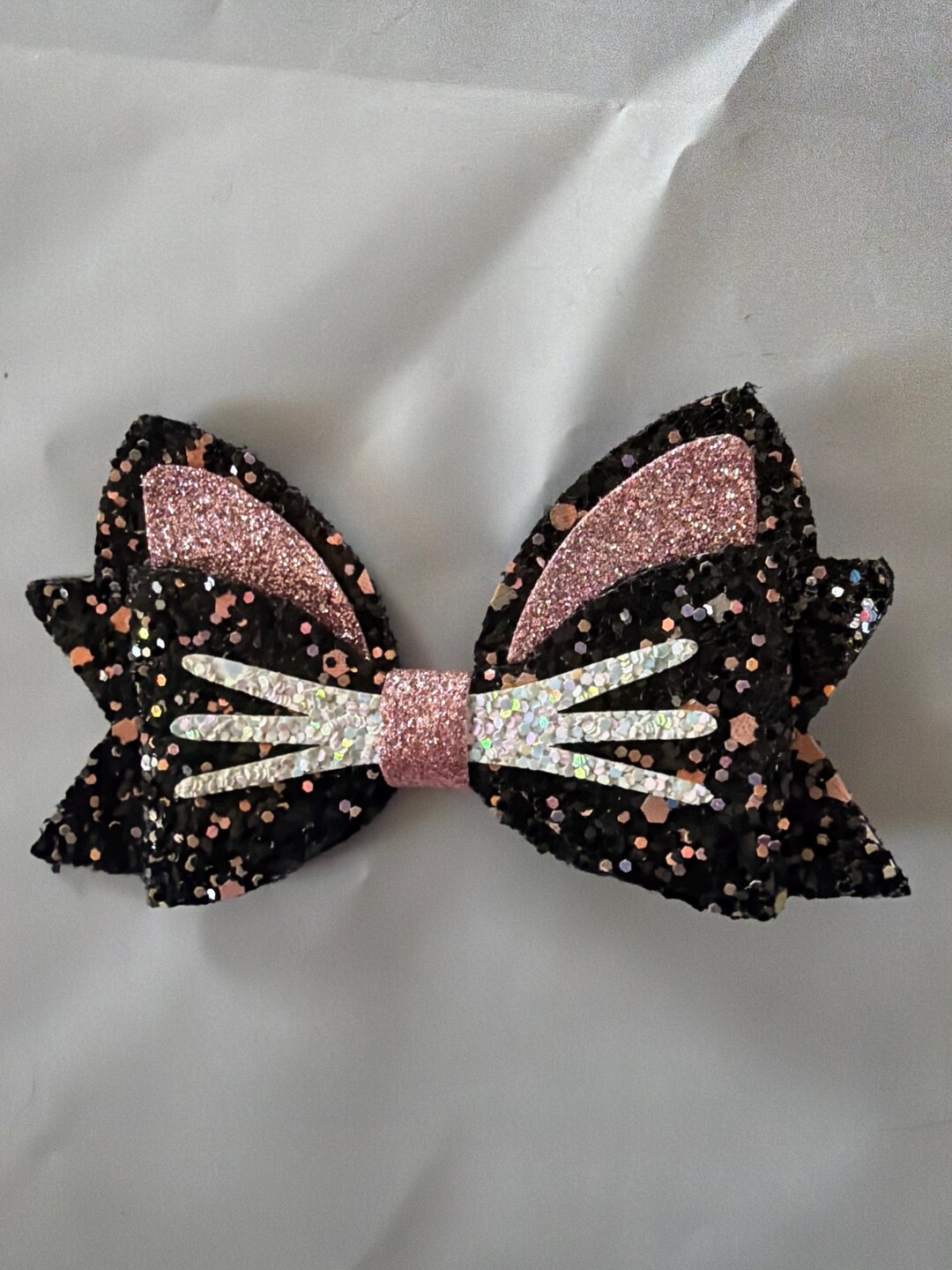 Black & Pink Glitter Cat Ear Hair Bow – Feline Inspired Sparkle - Etsy
