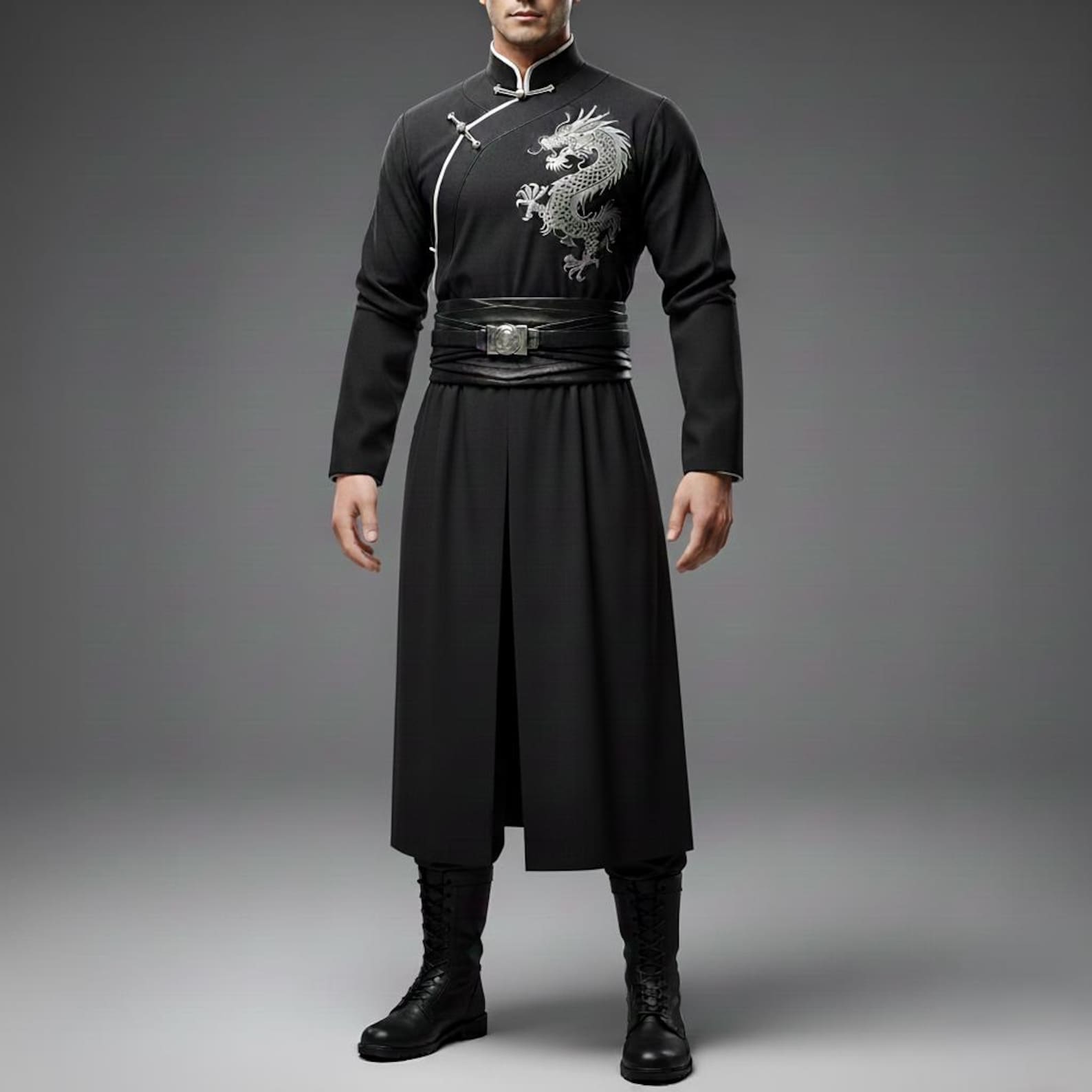 Modern Hanfu Men’s Black Coat | Silver Dragon Embroidery | Techwear ...