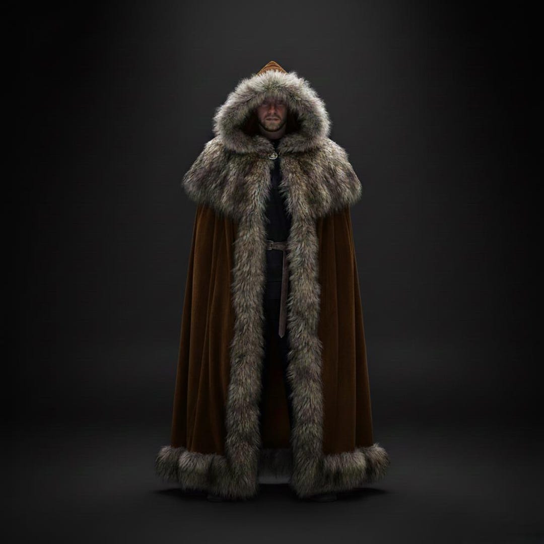 Medieval Brown Hooded Cloak With Faux Fur Trim, Viking Cape for Men ...