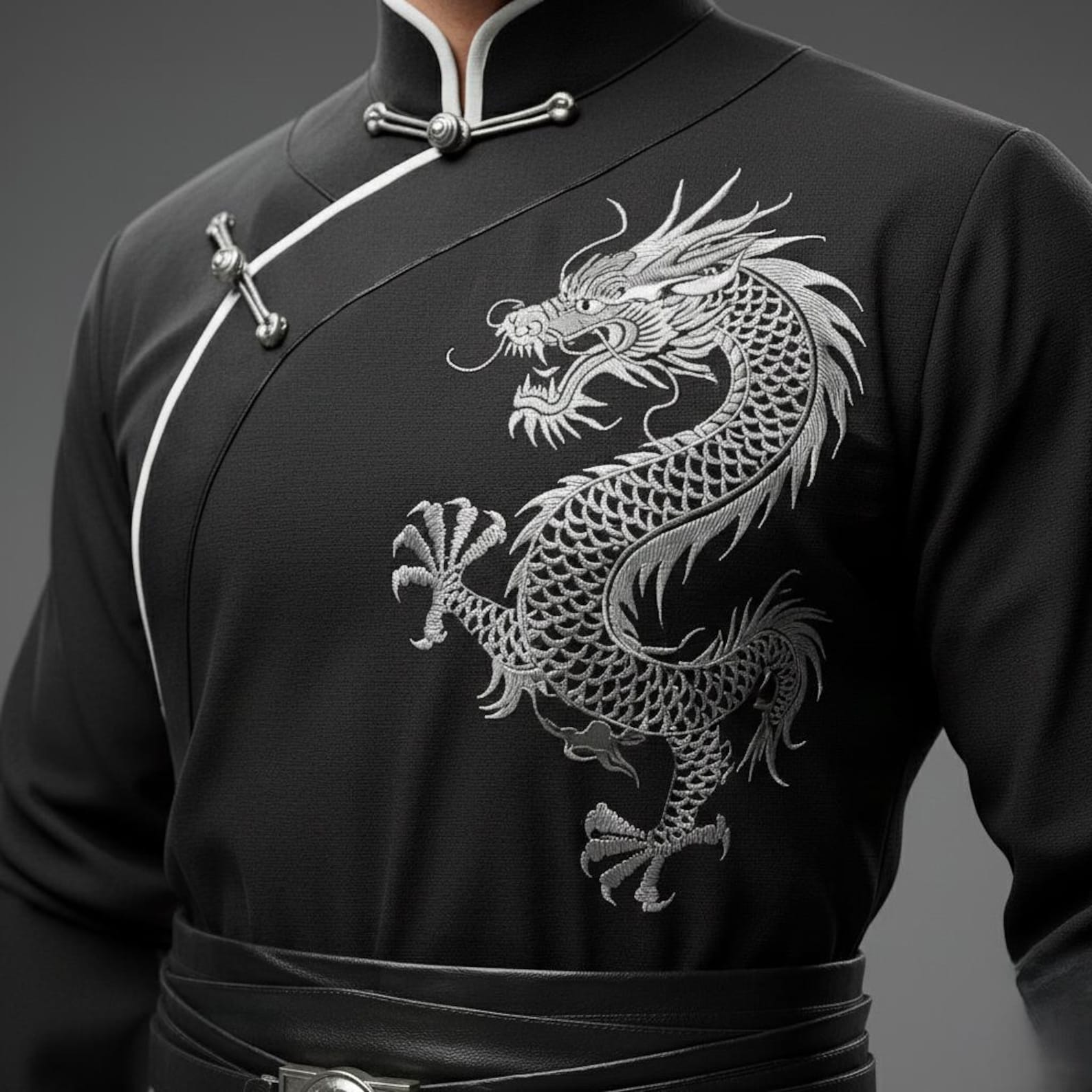 Modern Hanfu Men’s Black Coat | Silver Dragon Embroidery | Techwear ...