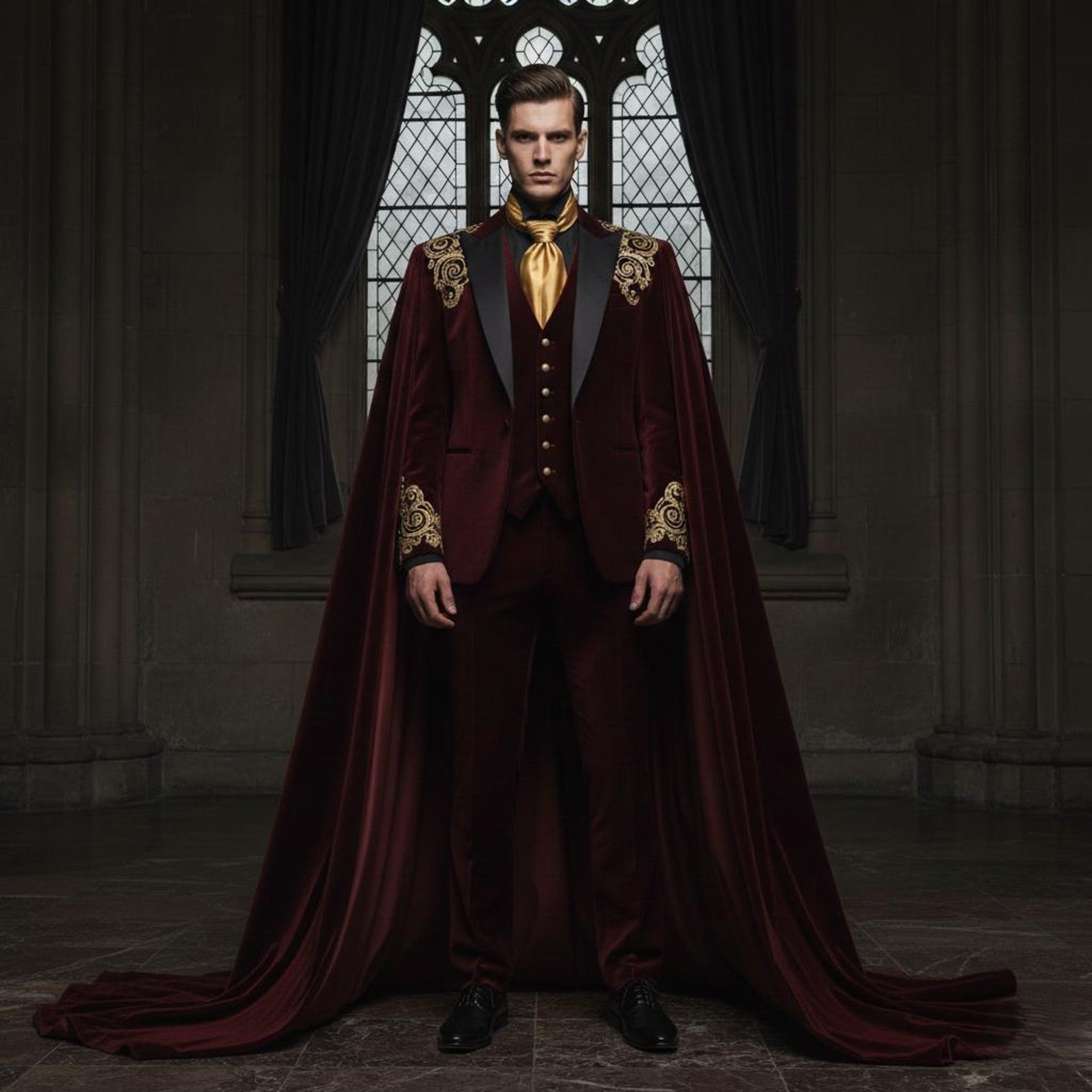 Men's Royal Burgundy Velvet Suit With Long Cape | Gothic Victorian ...