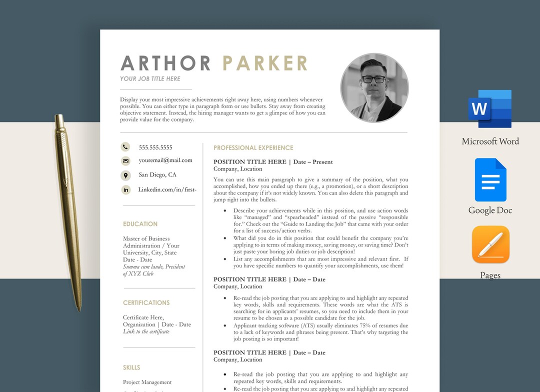 ATS Resume Template: 2 Column Resume With Photo | Cover Letter ...
