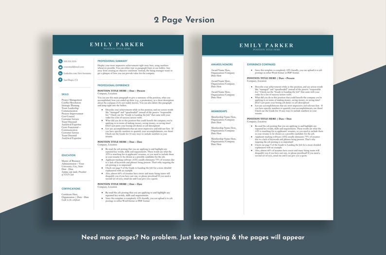 ATS Resume Template: 2 Column Template Design | Cover Letter ...