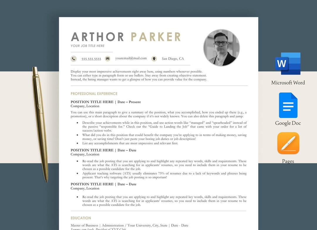 ATS Resume Design: 1 Column Resume Template With Photo | Cover Letter ...