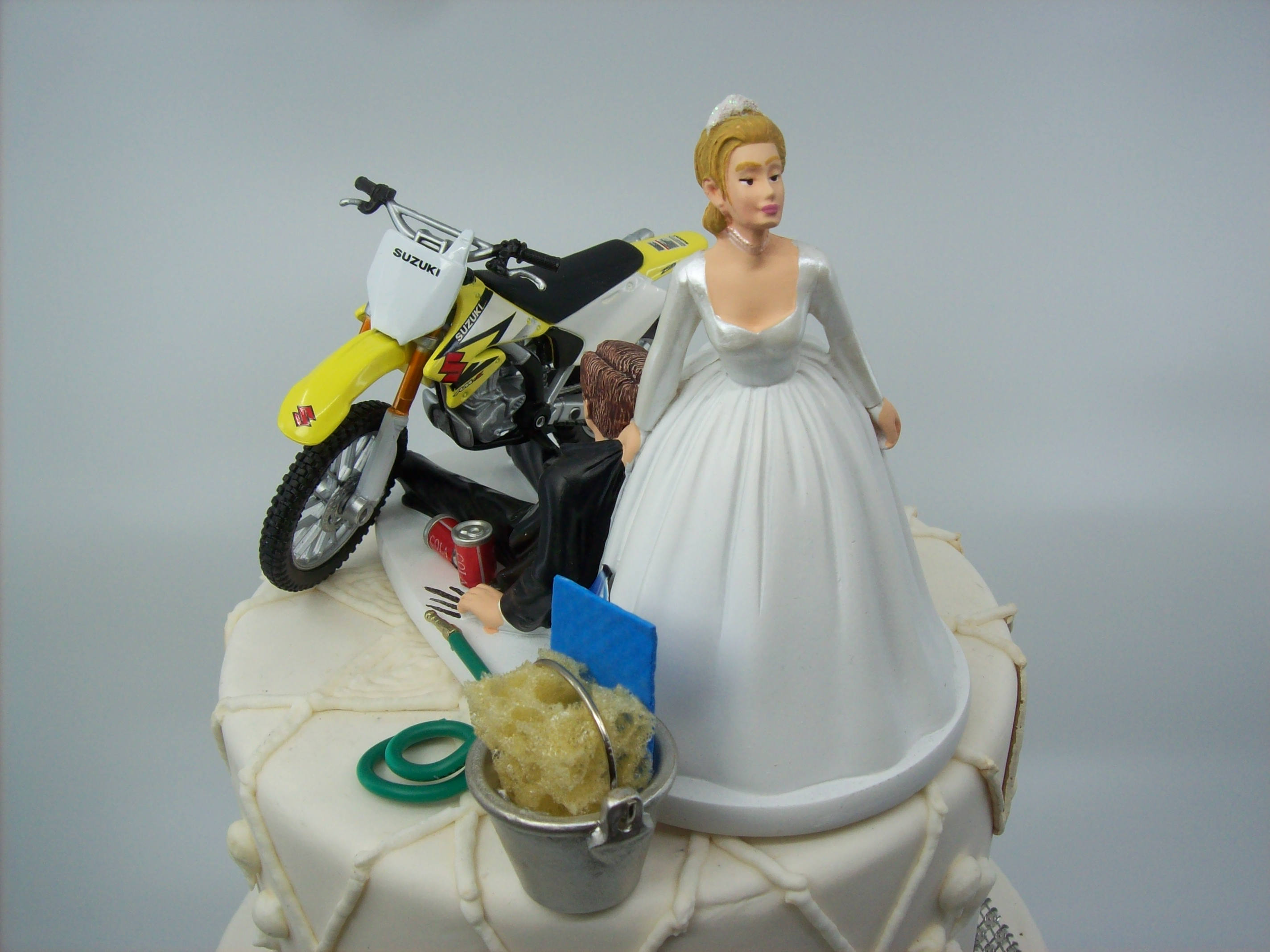 Motorcycle Dirt Bike Wedding Cake Topper Bride and Groom Yellow Suzuki ...